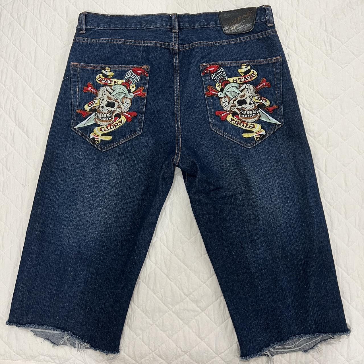 ed hardy jorts with skull design in the back... | Depop