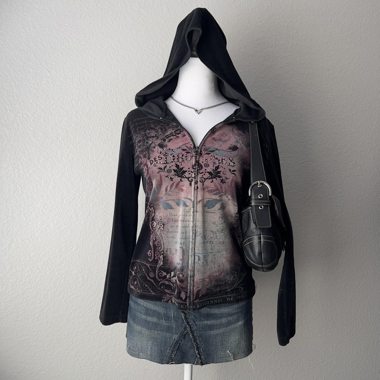 Y2K whimsy goth Black and pink velour velvet hooded... | Depop