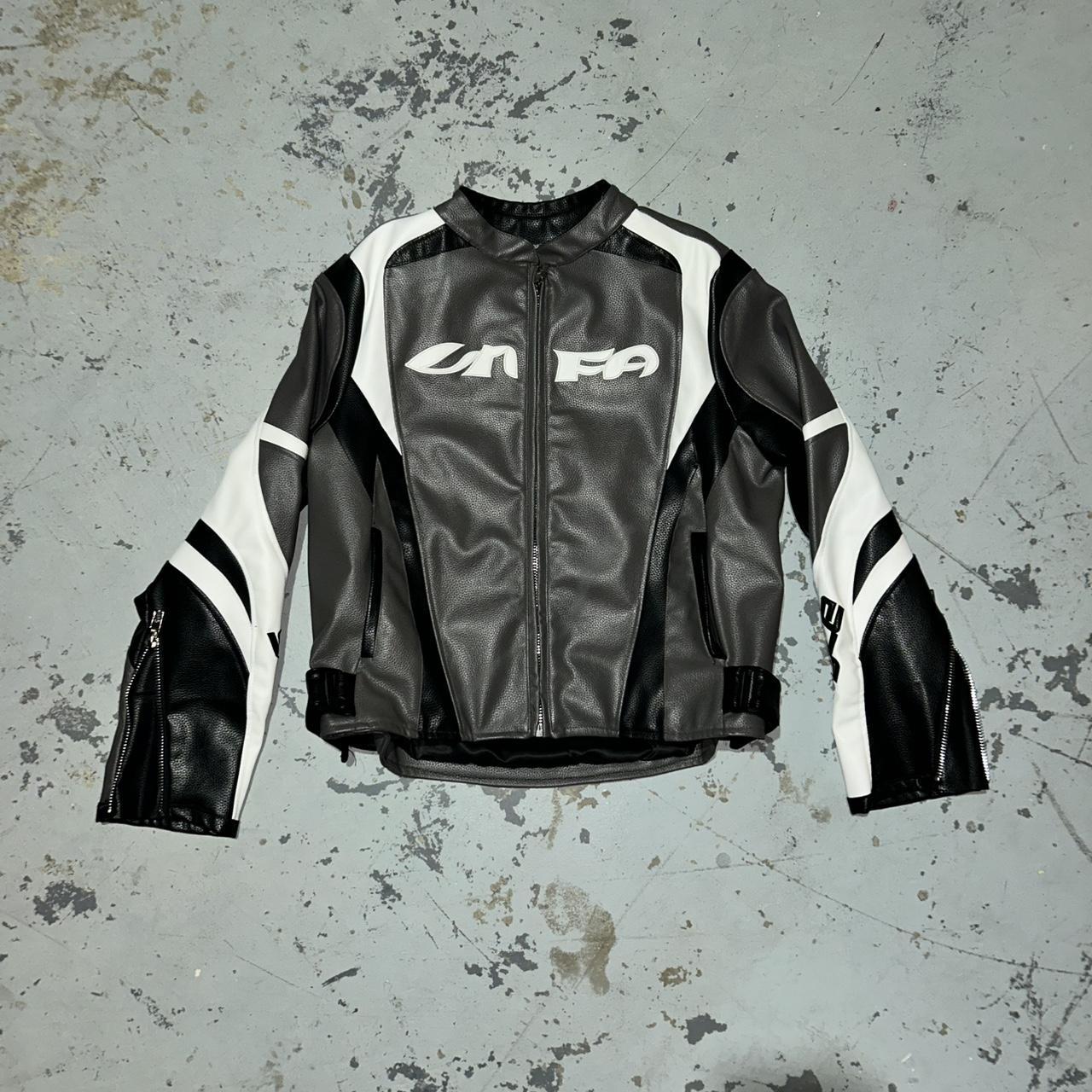 grey and black leather racing jacket with adjustable... | Depop