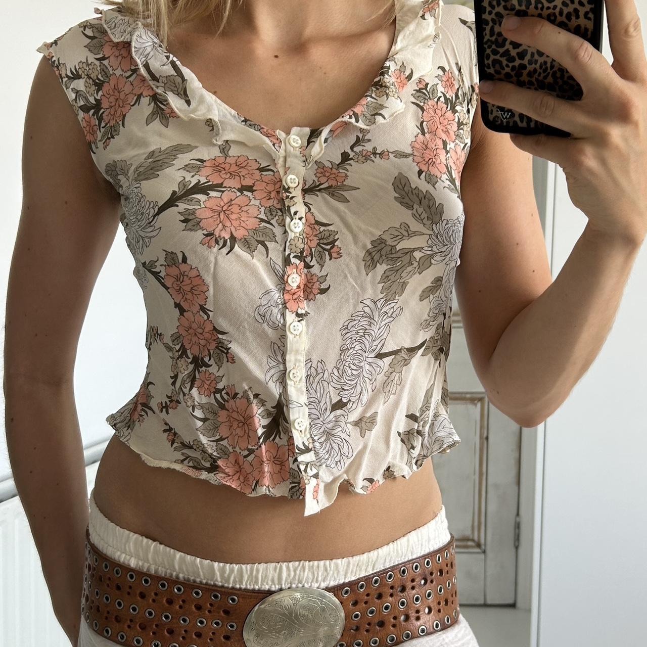 Y2K Vintage Sheer Micro Mesh Floral Ruffle Button-Up... | Depop