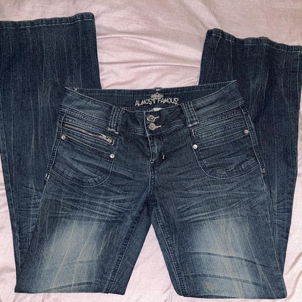 Almost Famous Women's Dark Wash Flared Jeans, Low... - Depop