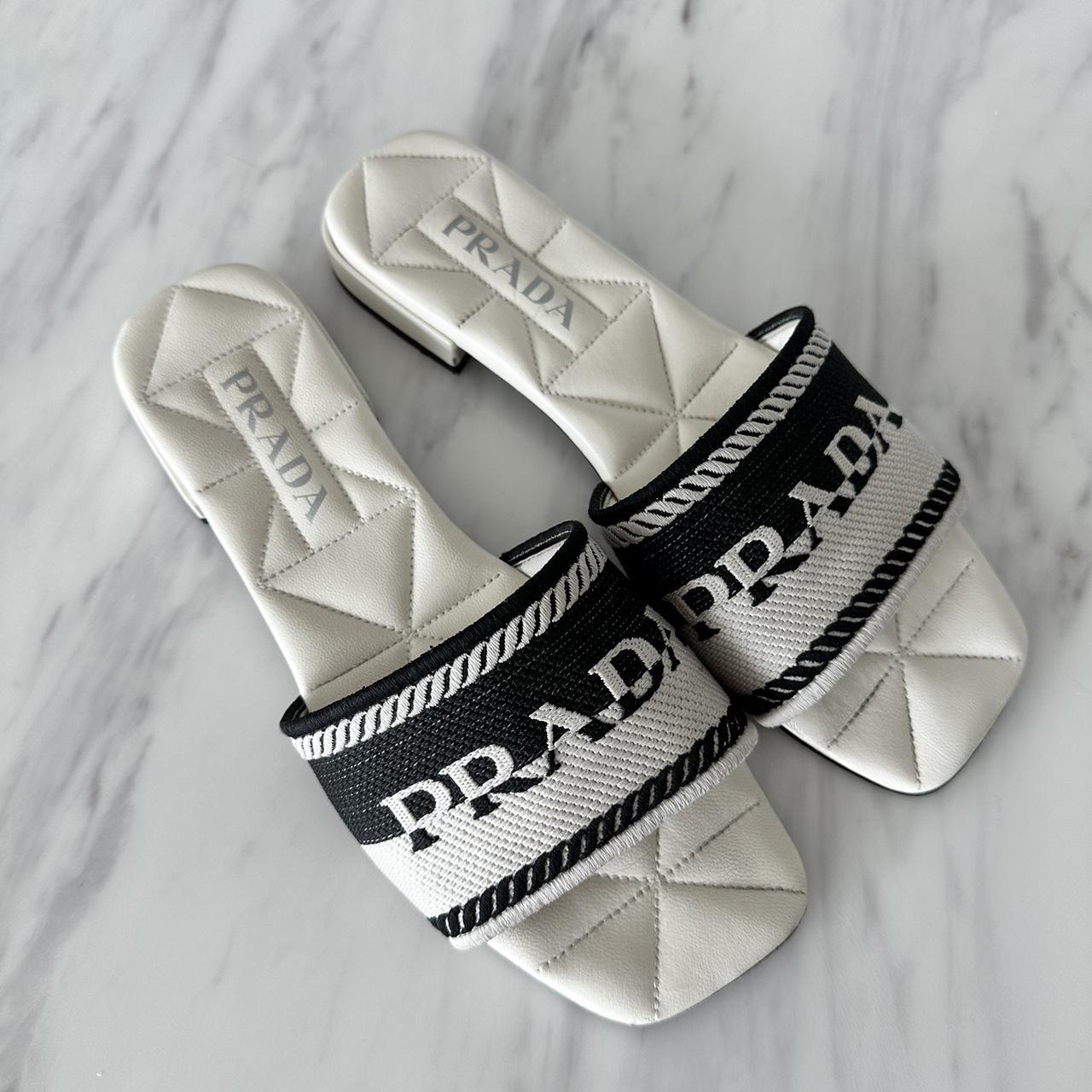 Prada slides, white and navy colour, authentic,... - Depop