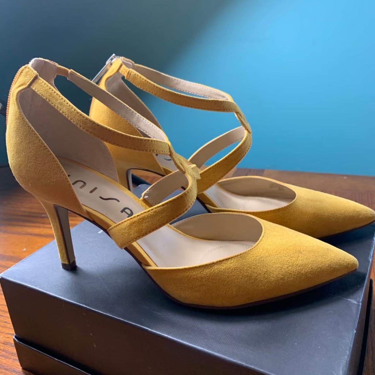 Heels by Unisa Faux Suede Strappy Golden Color Size... - Depop