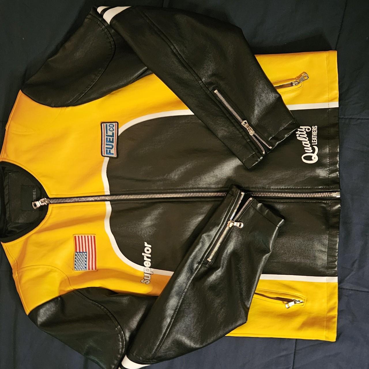 Quality leathers yellow and black motercycle jacket - Depop