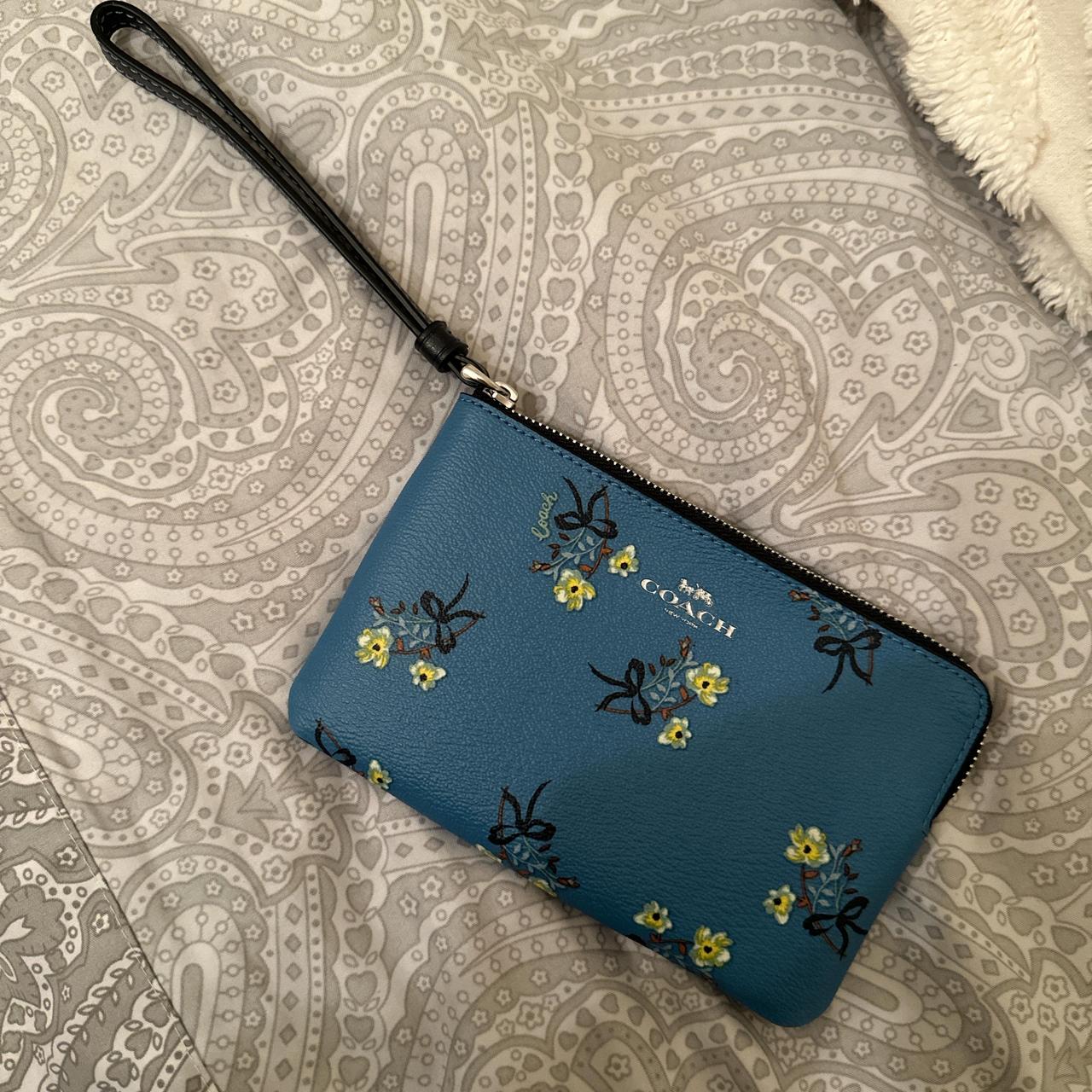 Coach Turquoise Handbag with Floral Design - Depop