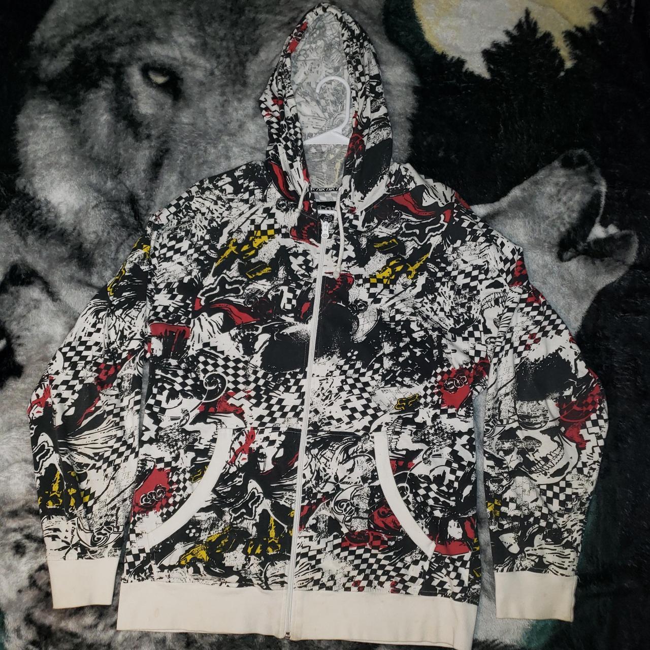 rare Fox Racing zip up hoodie aop y2k #skater open... | Depop