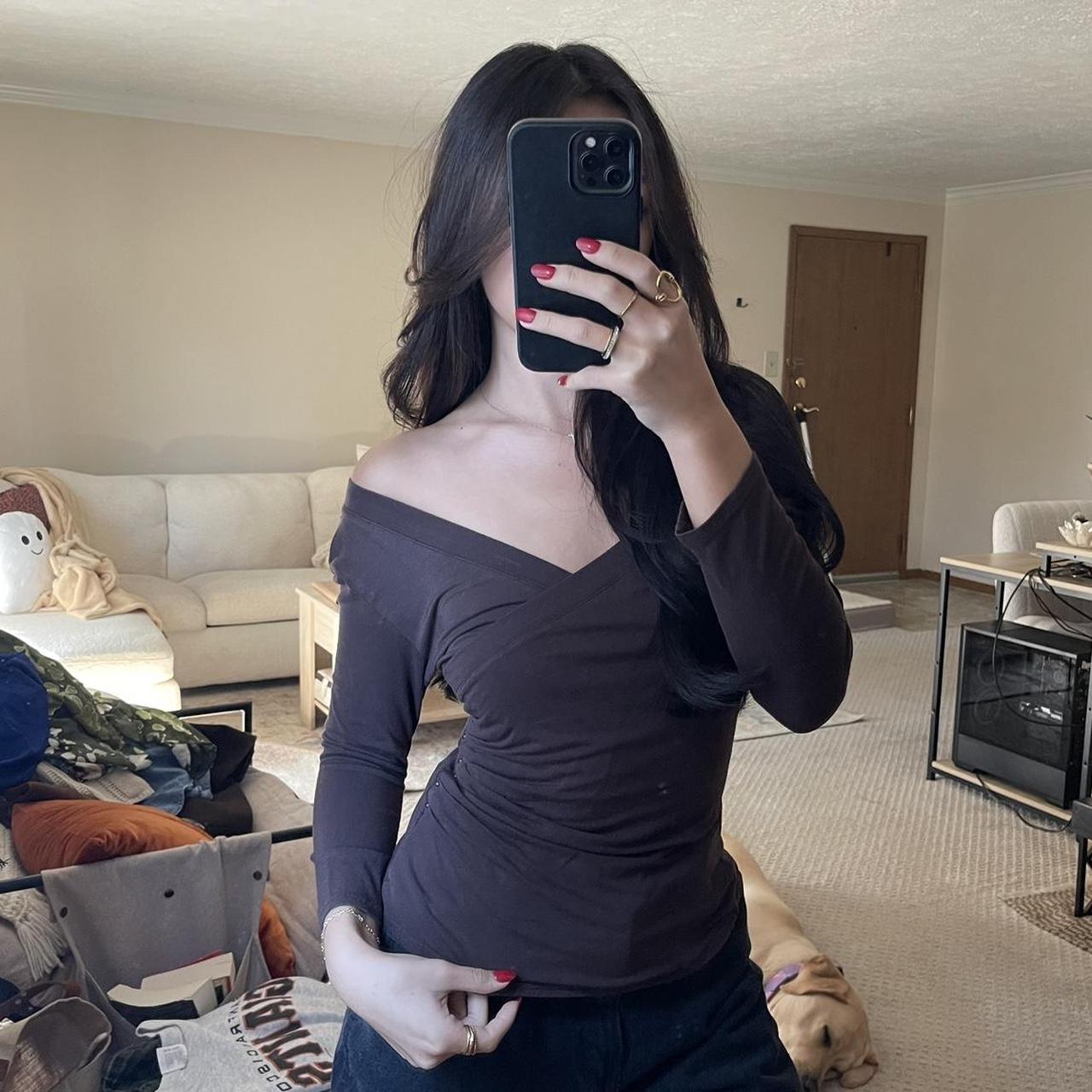 vintage 00s cache brown off the shoulder top size... - Depop