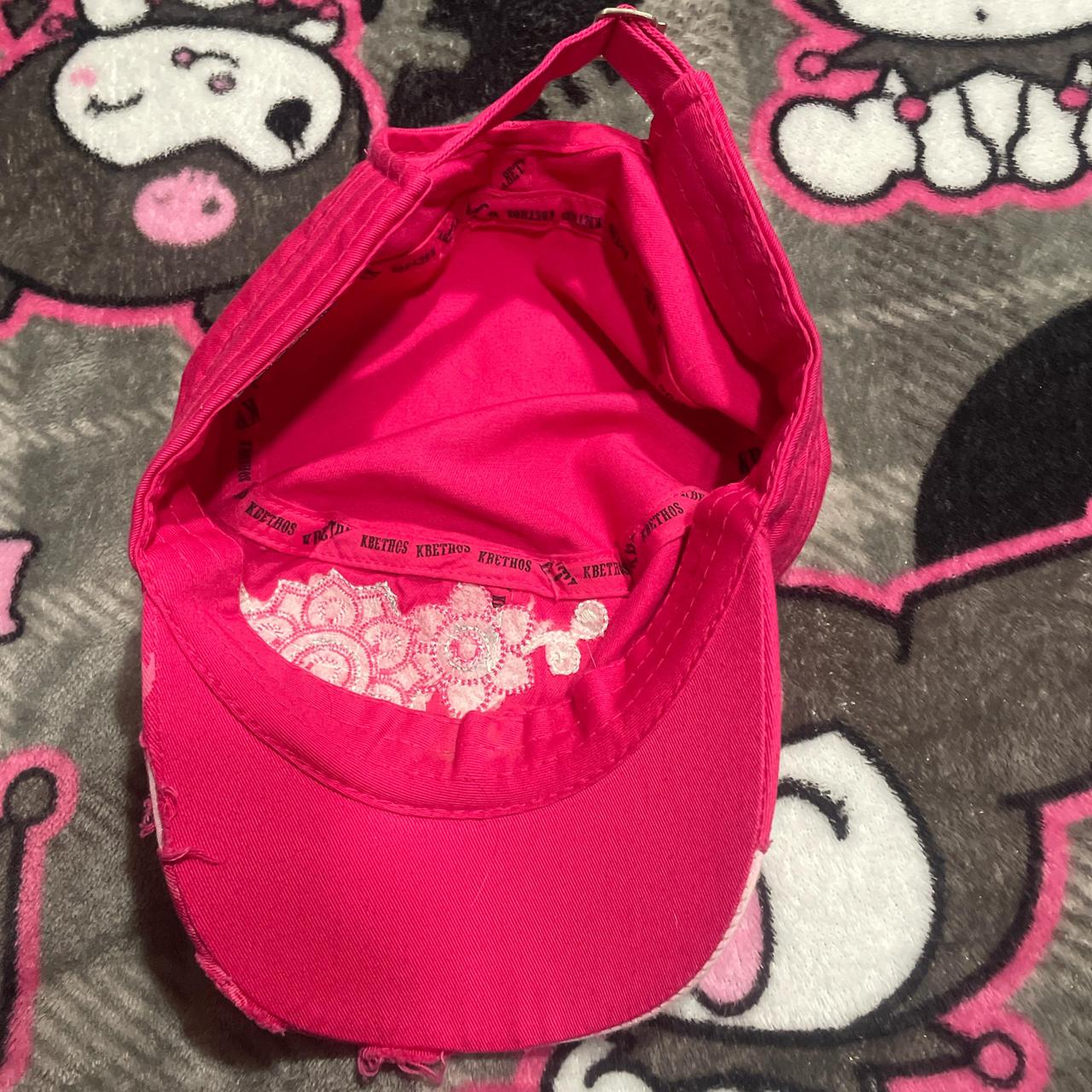 Pink floral embroidered cap with rhinestone details... | Depop