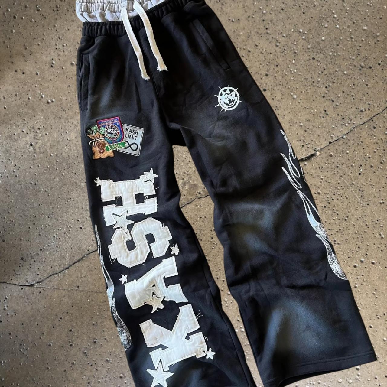 Black and white Kash streetwear sweatpants | Depop