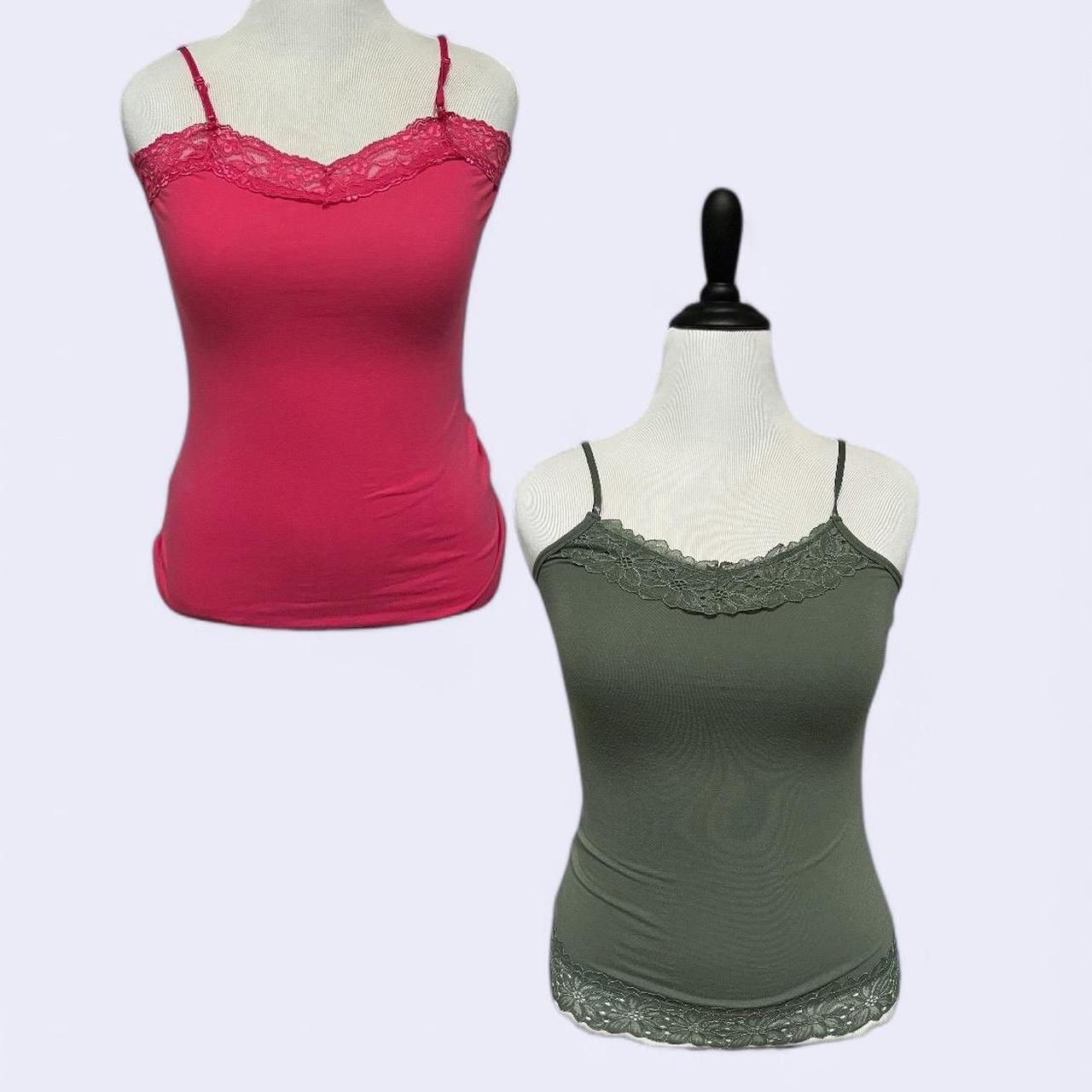 💕Two-Tank Top Bundle – Green & Pink Lace Detail💕 💚... | Depop