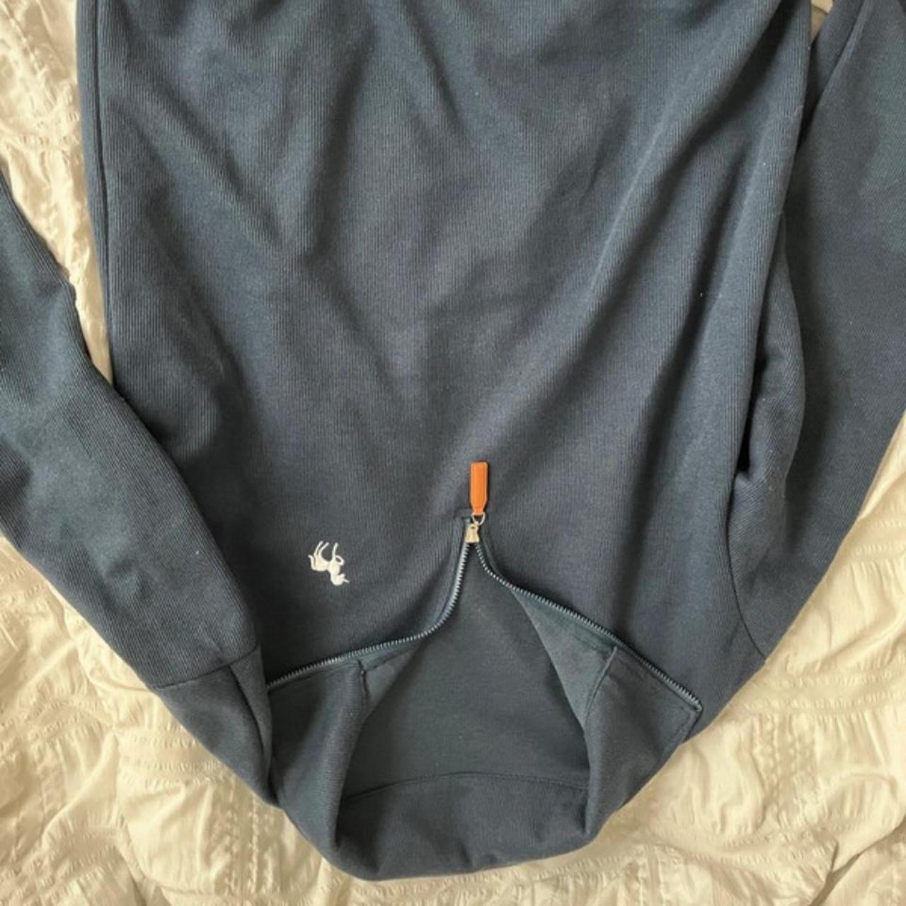 navy blue three quarter zip-up with brown zipper... | Depop