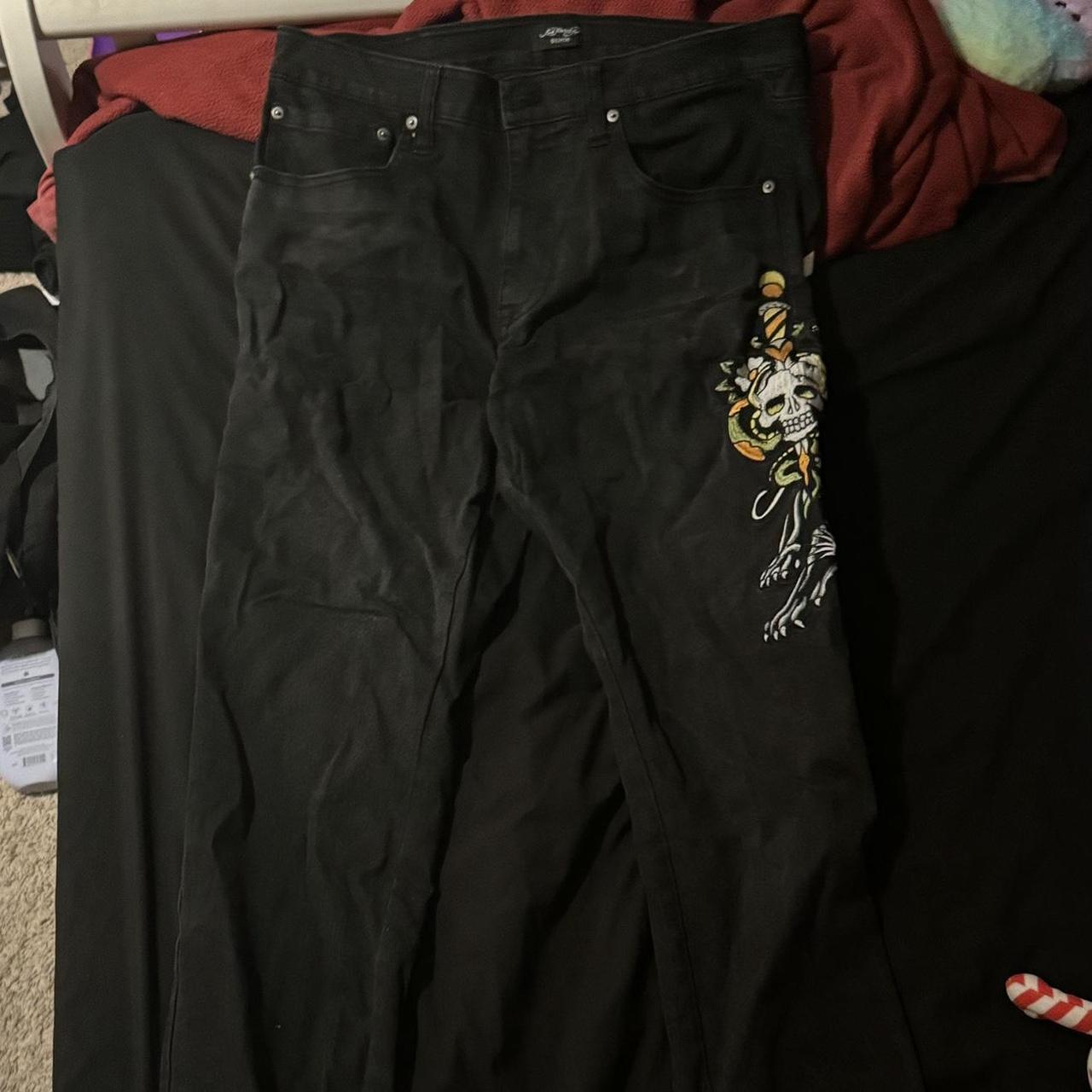 black straight leg ed hardy jeans with a patch on... - Depop