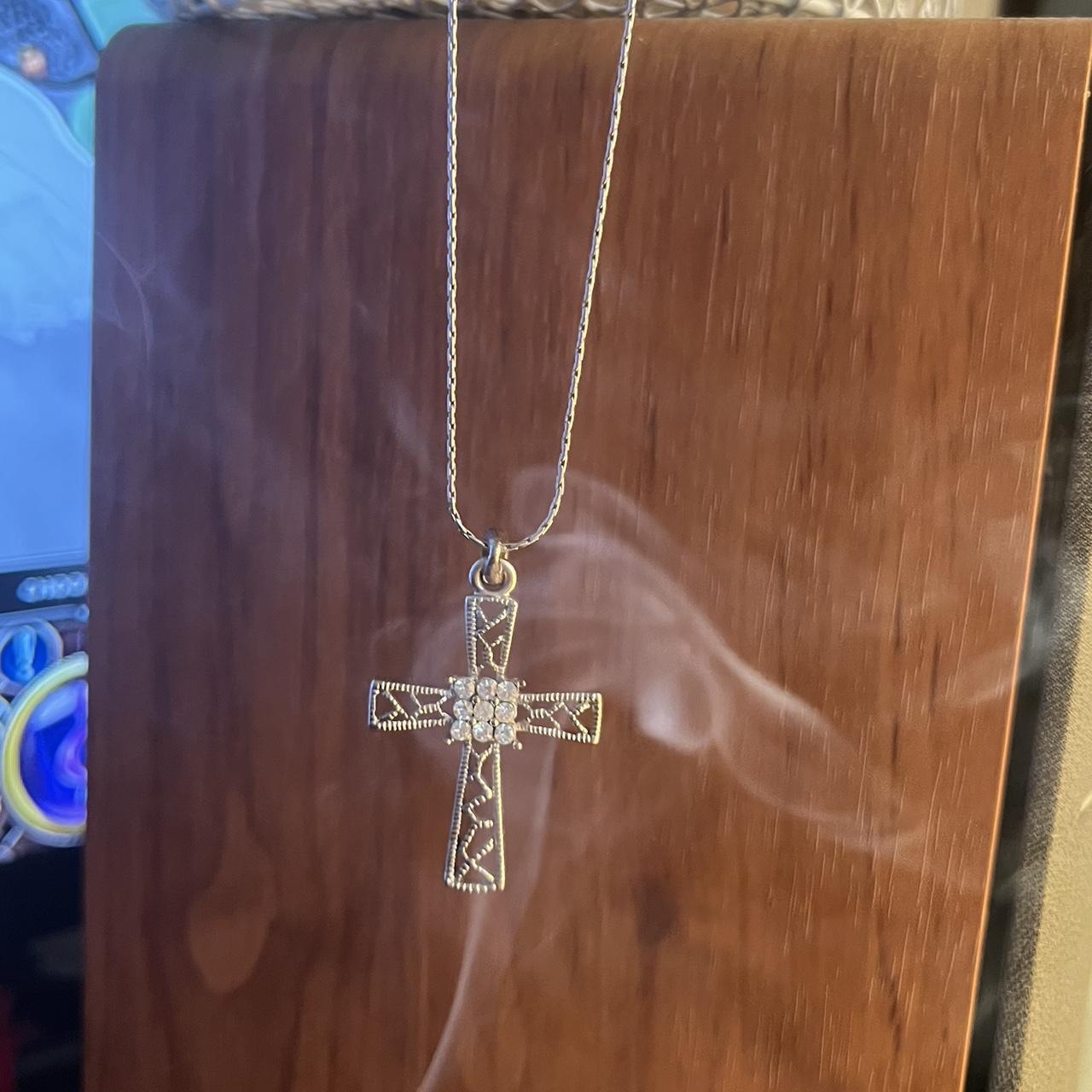 Cute silver jewel encrusted cross necklace by cookie... - Depop