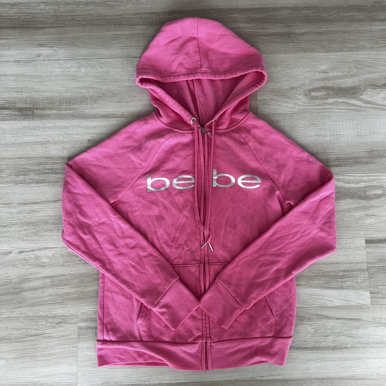 Bebe pink zip up hoodie with silver logo -... - Depop