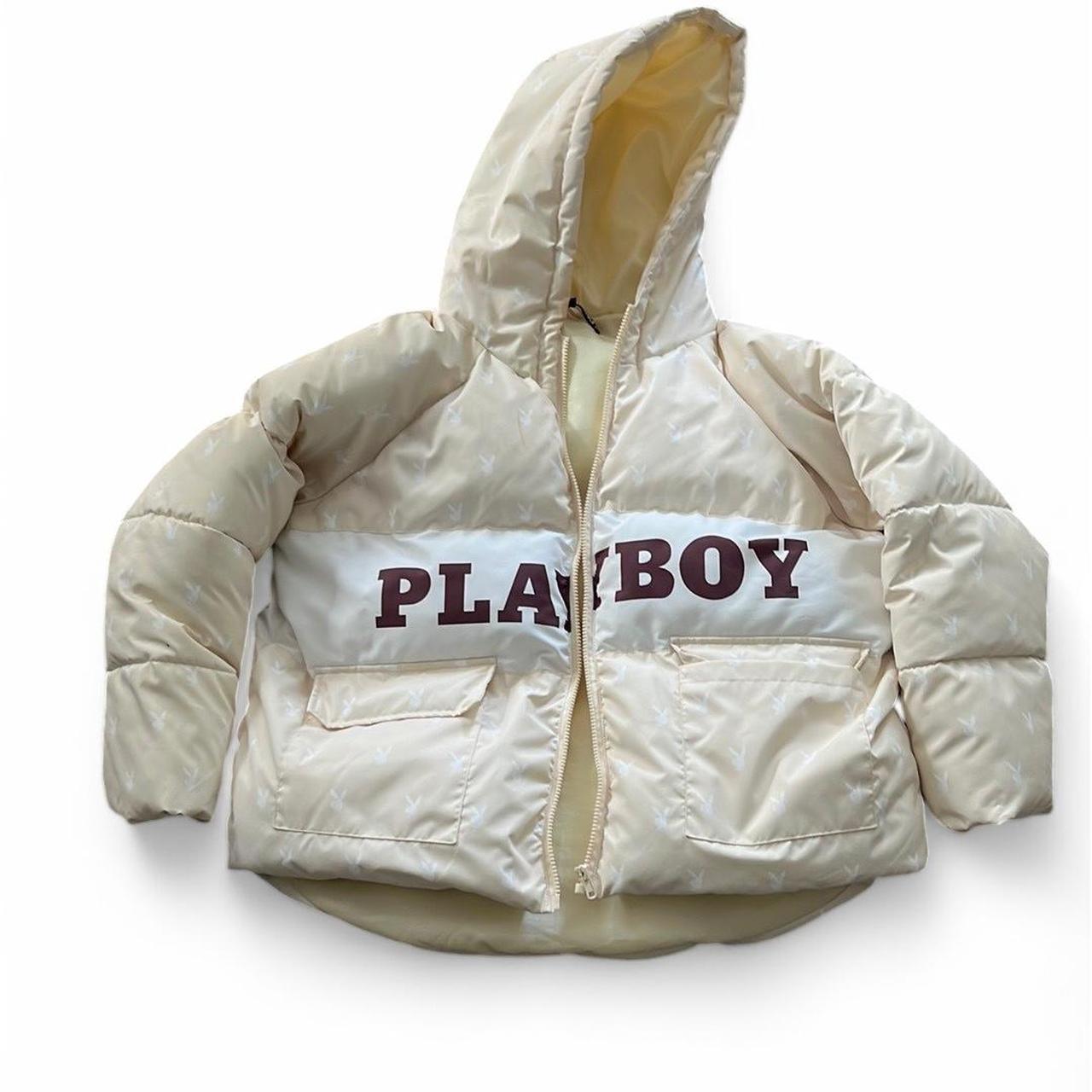 Stylish cream puffer jacket with Playboy logo.... | Depop