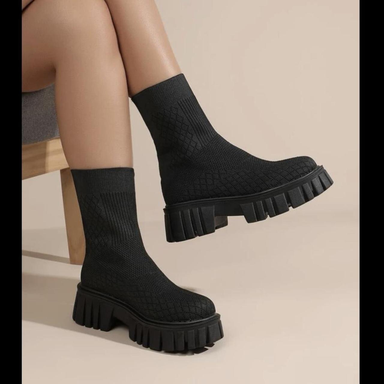 SHEIN black slip on stretchy combat boots chunky... - Depop