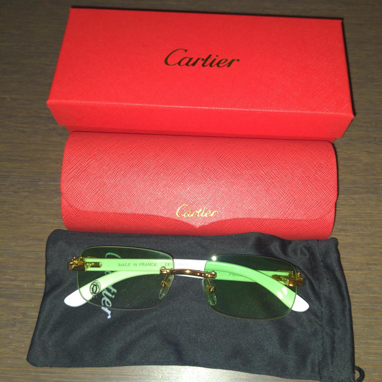 Cartier Wood Buff Sunglasses White / Green... - Depop