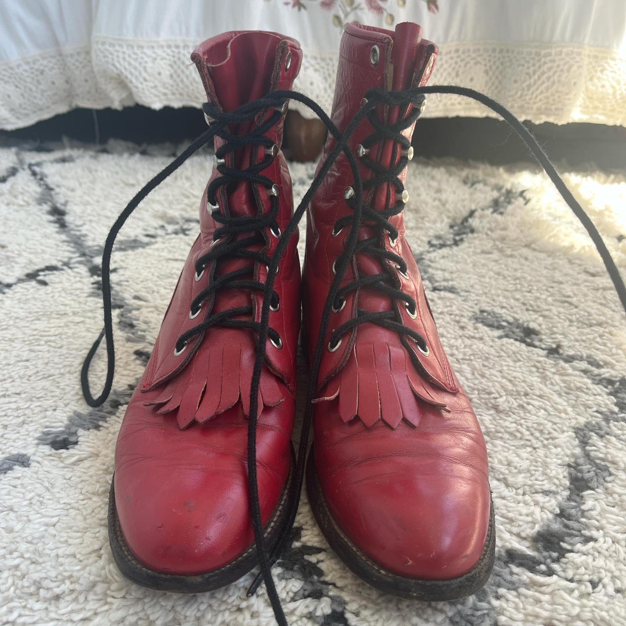 Red Justin vintage leather boots. Super cute and... - Depop