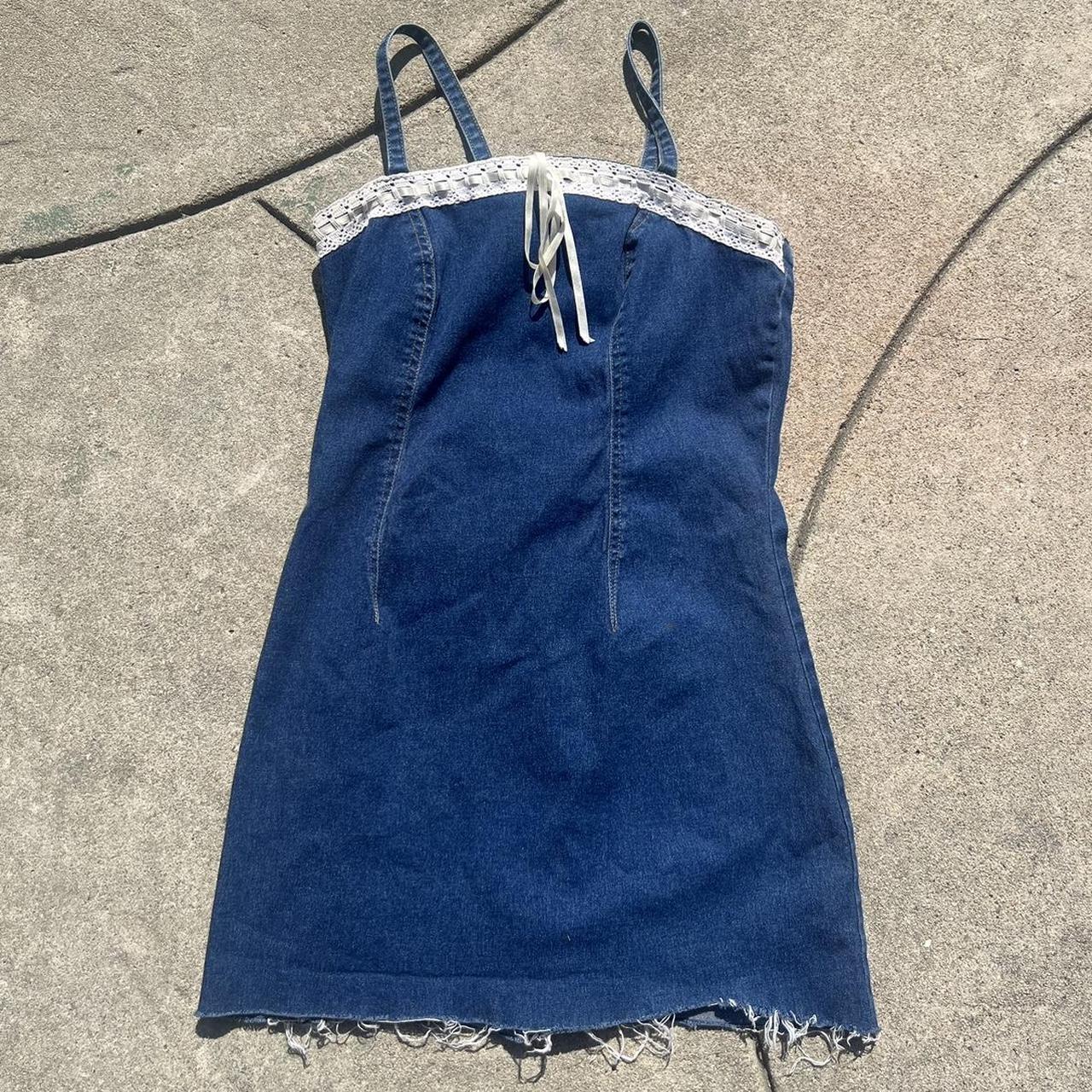Jean demin cutoff mini dress. Has a cute tie corset... | Depop