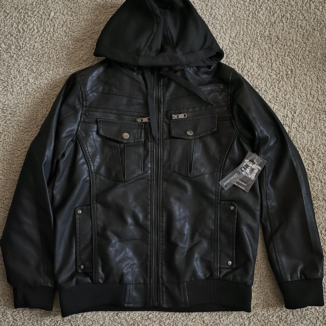 Black leather jacket // HOOD ZIPS OFF AND CAN DETACH... | Depop