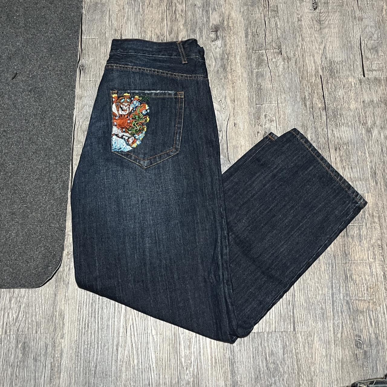 Cray Y2K Ed Hardy embroidered faded baggy jeans 36W... | Depop