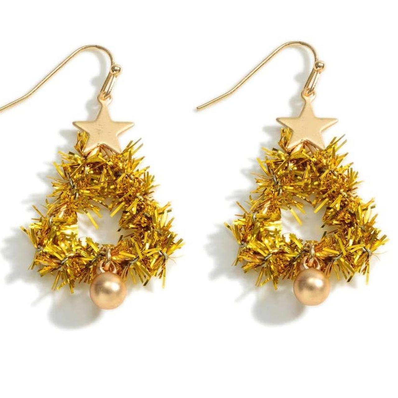 Gold Fuzzy Christmas Tree Drop Earrings with Gold... - Depop