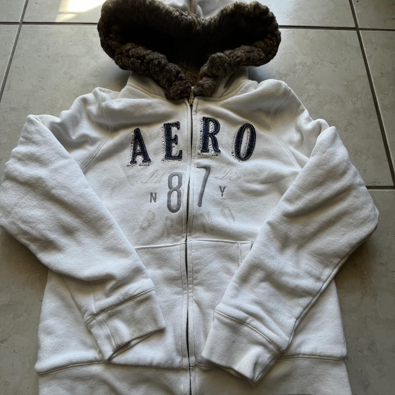 White Aeropostale hoodie with brown fur lining in... | Depop