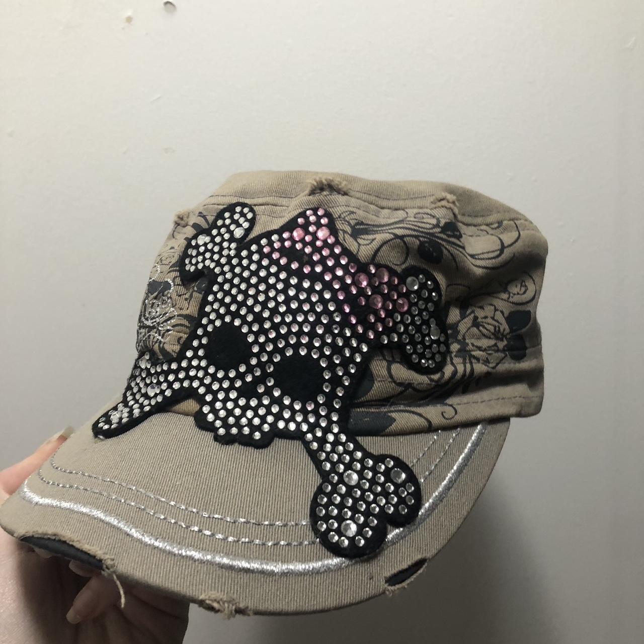 y2k grunge rhinestone skull boy hat - Depop