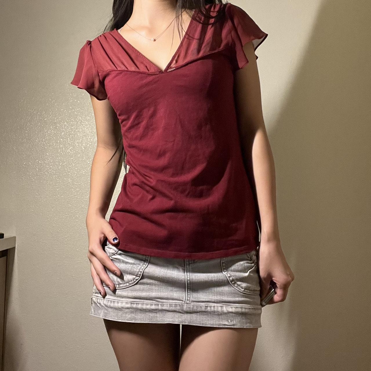 Small Burgundy and red ruffle sleeve blouse - Worn... - Depop