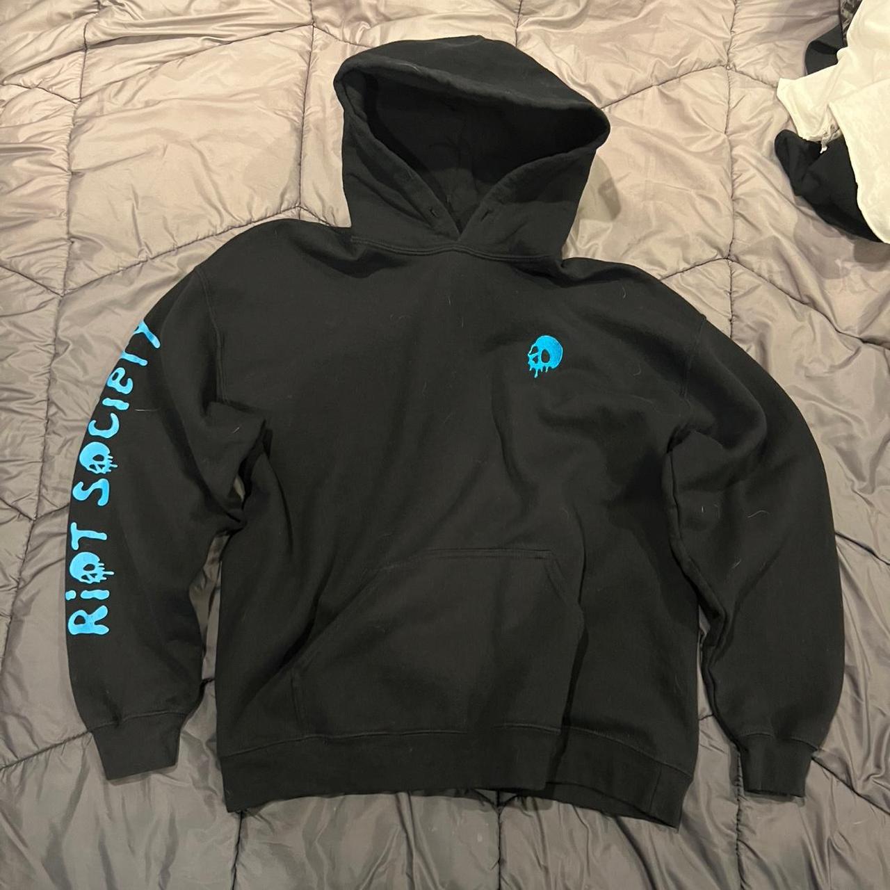 Black and blue Riot Society hoodie with skull logo... | Depop