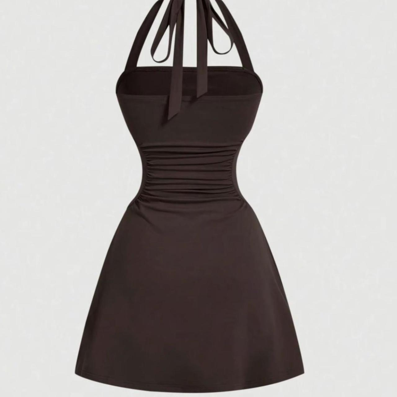 Brown halter neck dress with adjustable tie back and... | Depop