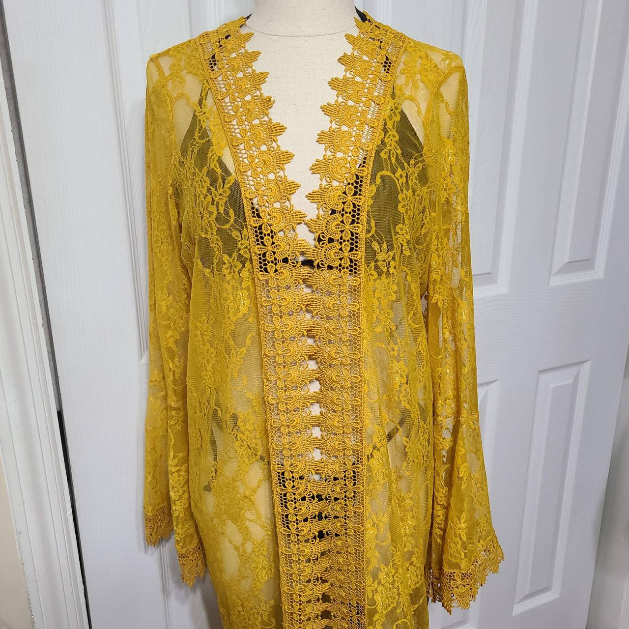 Yellow Lace Cover-Up with Wide Sleeves, designed to... - Depop