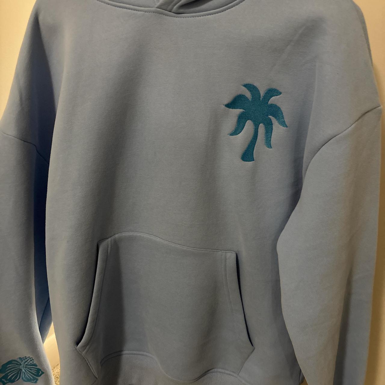 Light blue pink palm puff hoodie with #beachvibes... | Depop