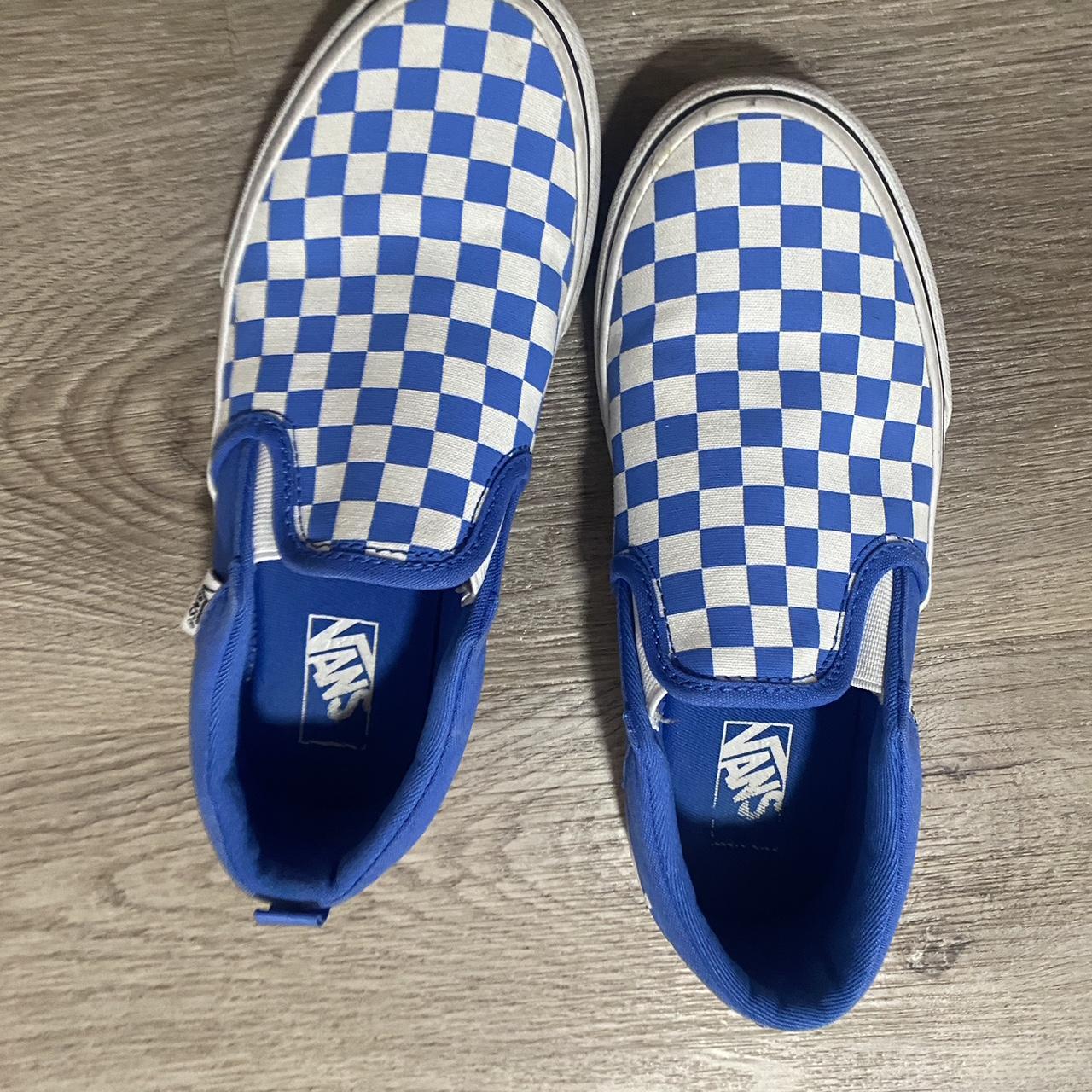 Vans blue and white checkered slip on trainers - Depop