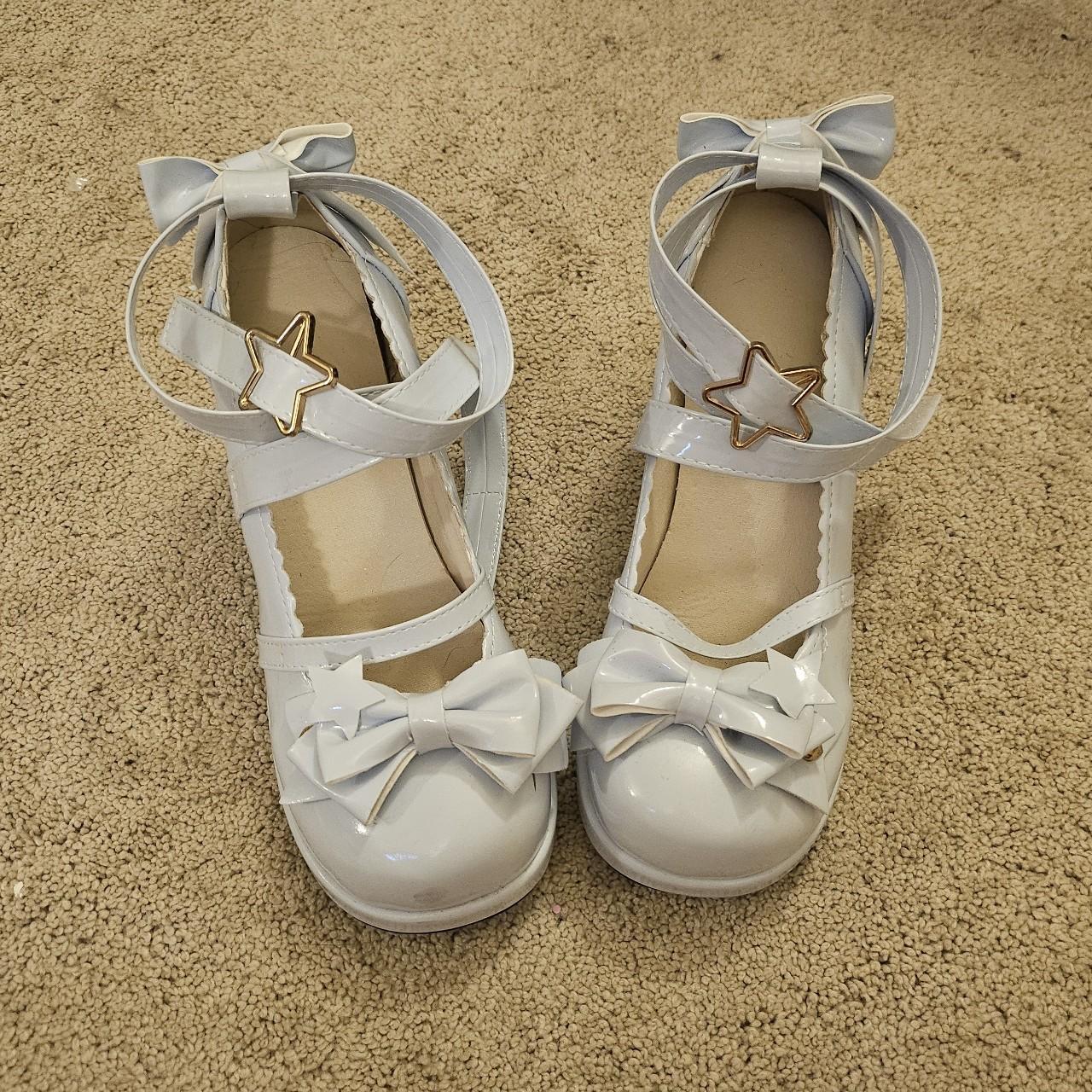Baby blue dolly heels with gold details (stars,... - Depop