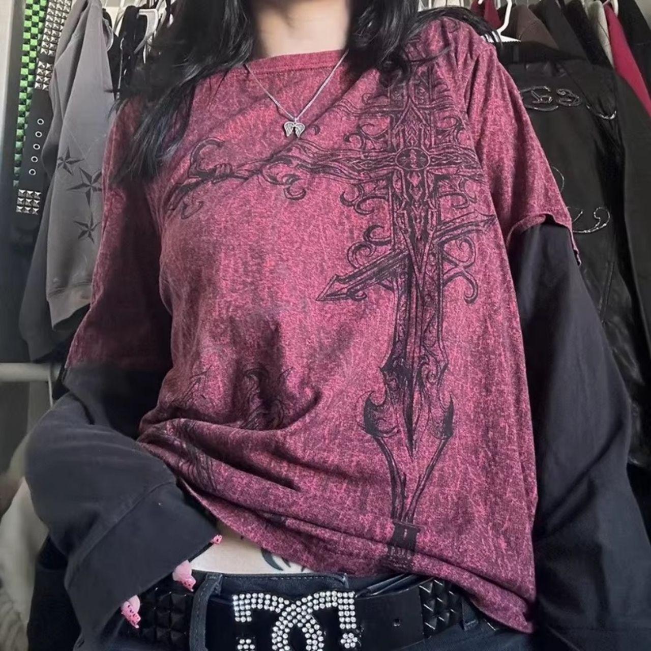 Y2K Gothic Cross Long Sleeve — Stacked Sleeve Emo /... | Depop