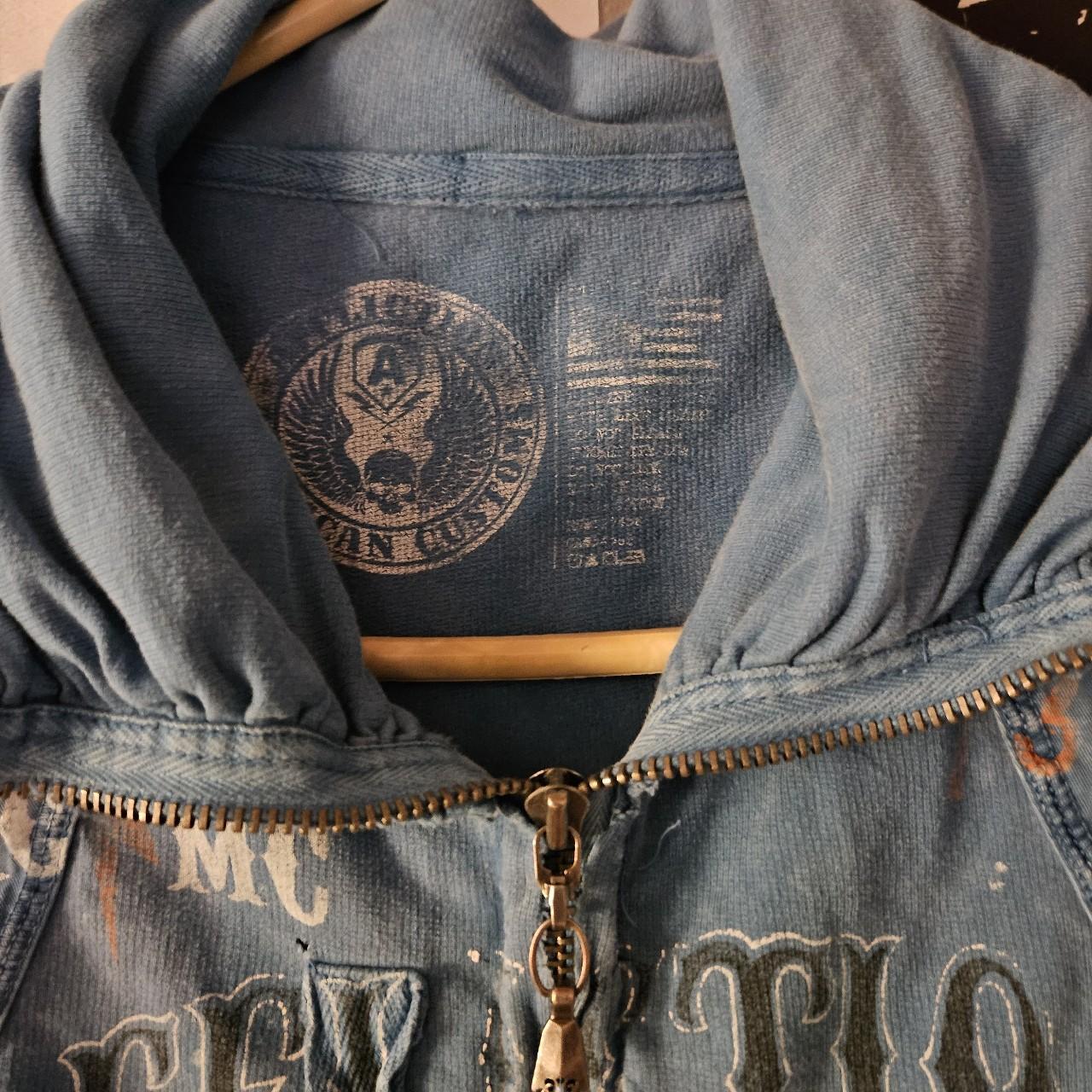 Vintage Affliction blue jacket with orange... | Depop