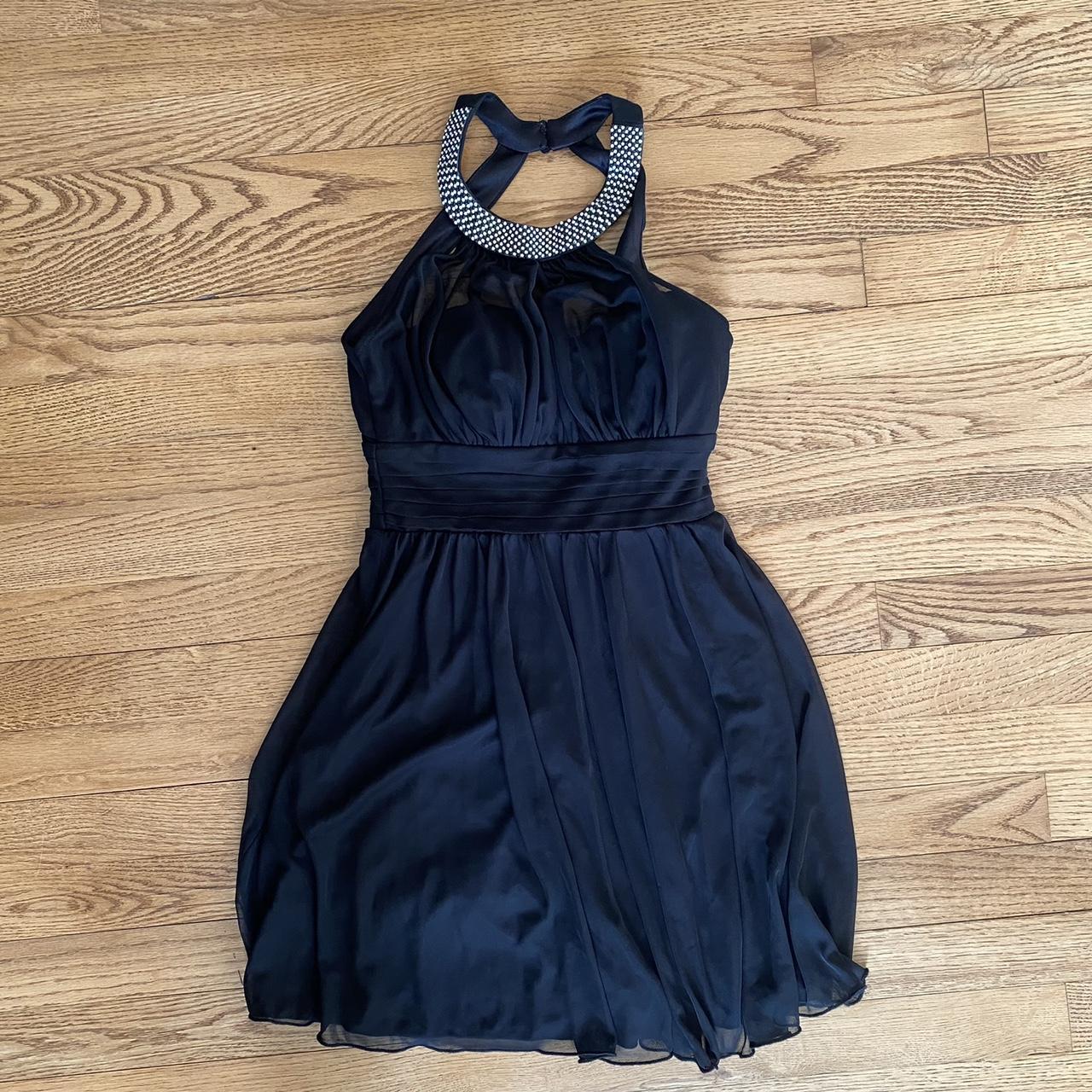 black A-line halter top mini dress with sequins on... - Depop