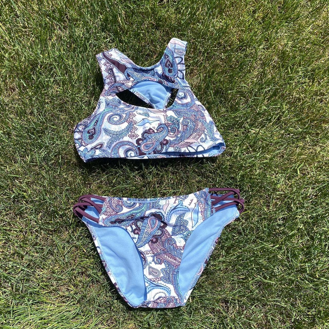 x-small purple/blue/white patterned bikini swimsuit... - Depop