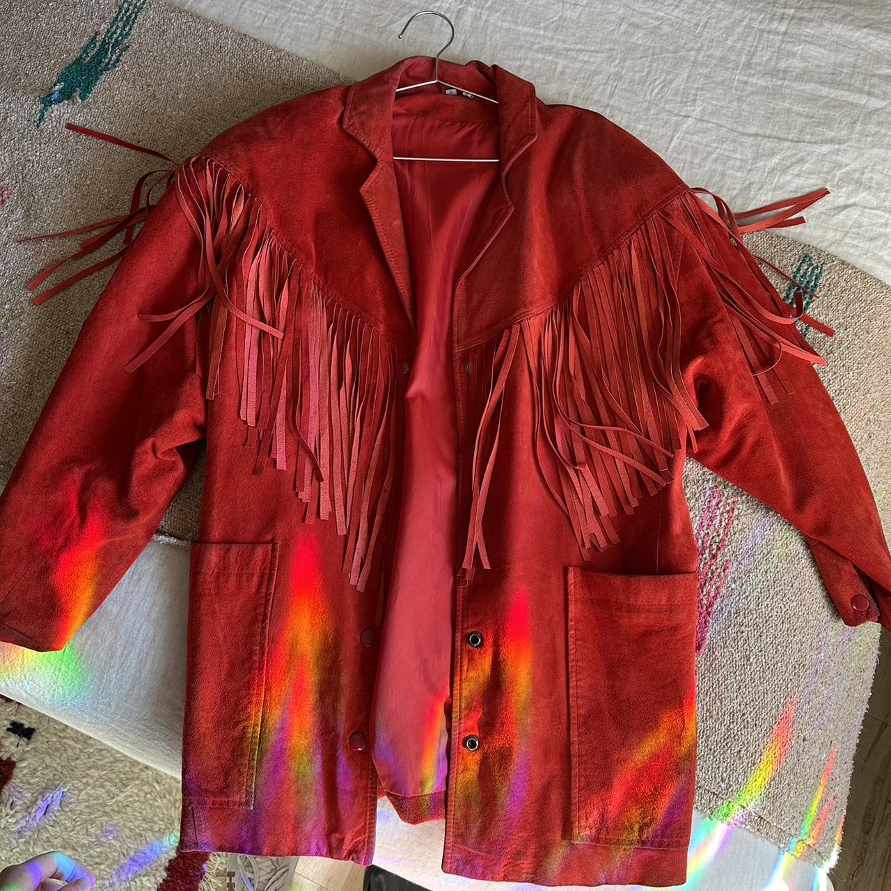 the coolest red fringe jacket!!! so cute with... - Depop
