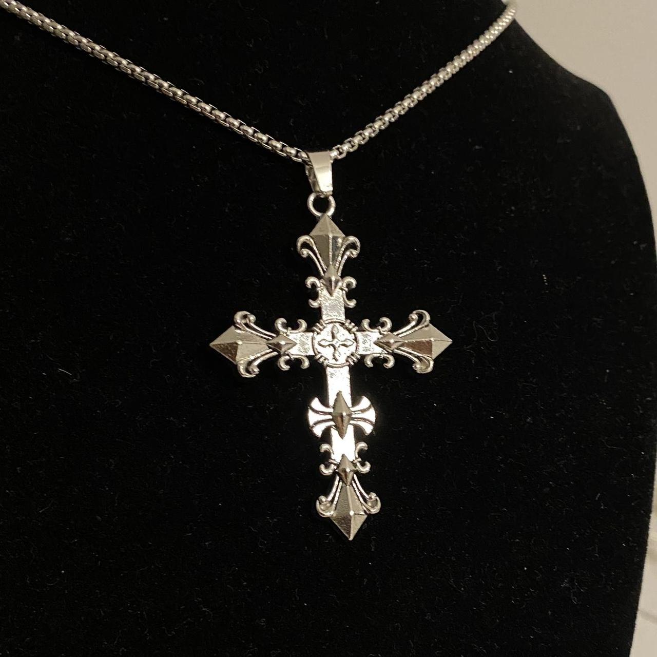 Gothic silver cross necklace with a 16" chain... - Depop