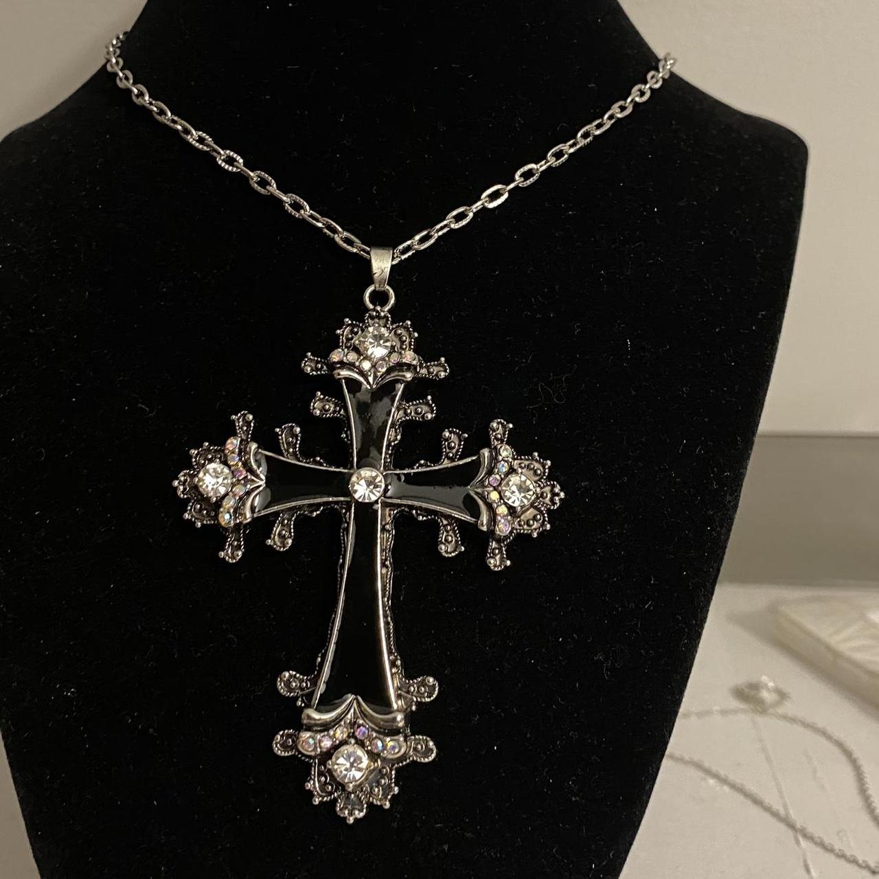 Gothic silver cross necklace with rhinestones... - Depop