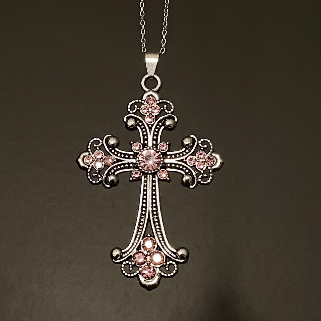 Silver and pink rhinestone cross pendant necklace... - Depop