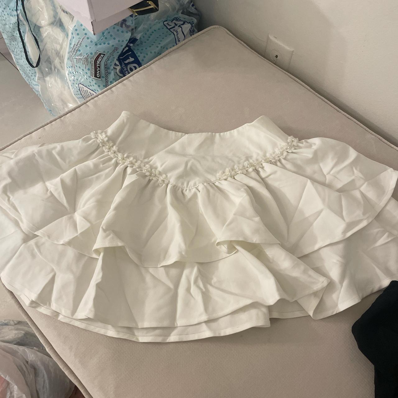 White ruffle skirt with pearl beading #pearlbeading... - Depop