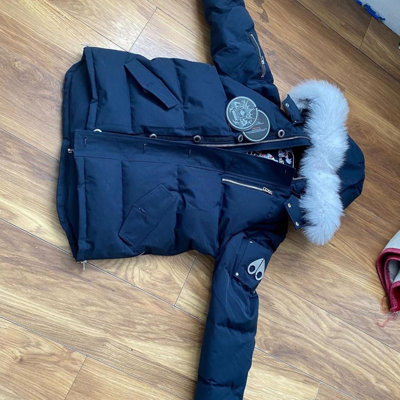 Moose Knuckles Navy blue x white fur jacket BRAND... - Depop