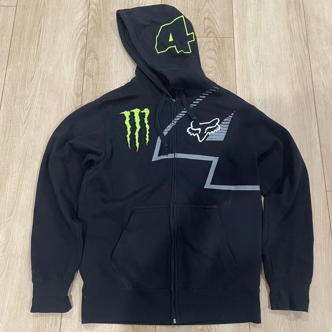 Black and Green Fox Racing zip-up hoodie with... | Depop