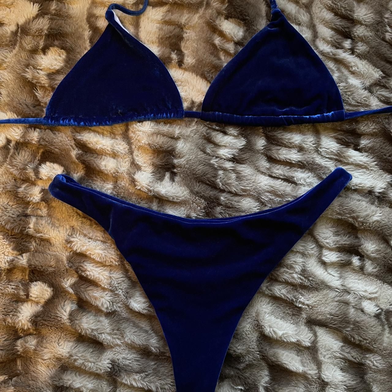 Dark Blue velvet bathing suit set Size:large Fits... - Depop