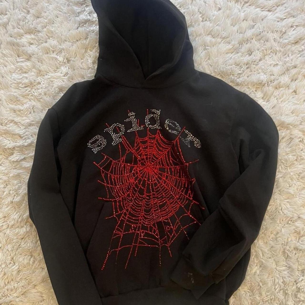 Black and red Sp5der Rhinestone hoodie 2-3 day... - Depop