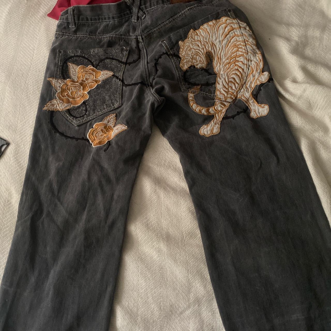 baggy jeans with embroidered tiger and rose design... - Depop