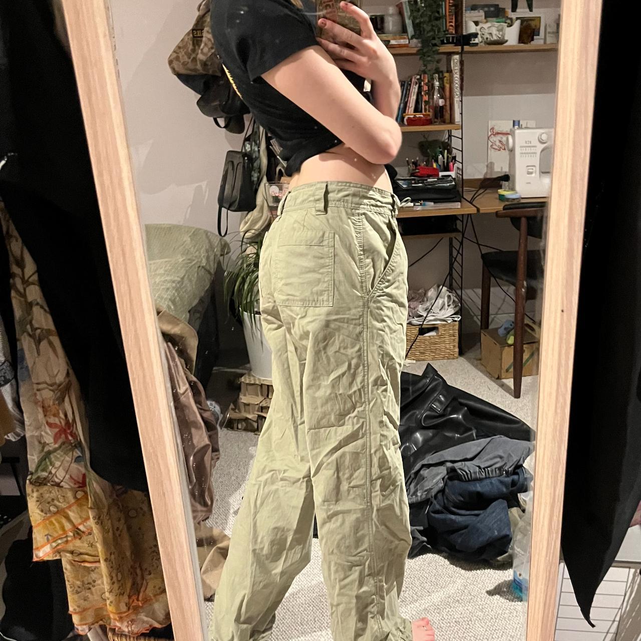 Light green cargo style trousers with adjustable... - Depop